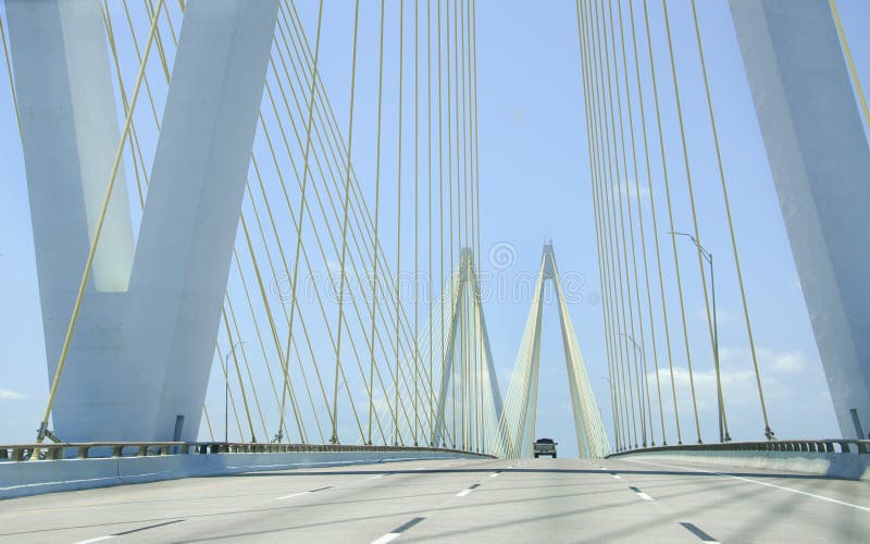 Driving Over Large Cable Suspension Bridge, with a Clear View of the ...