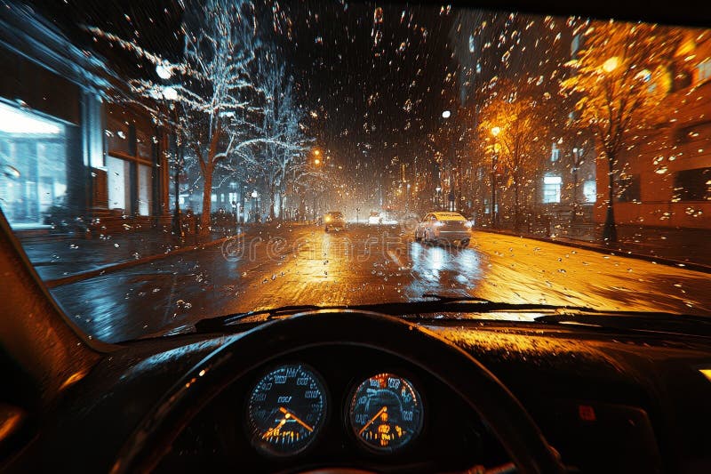 Driving on a Rainy Night in the City Center, View from Inside the Car ...