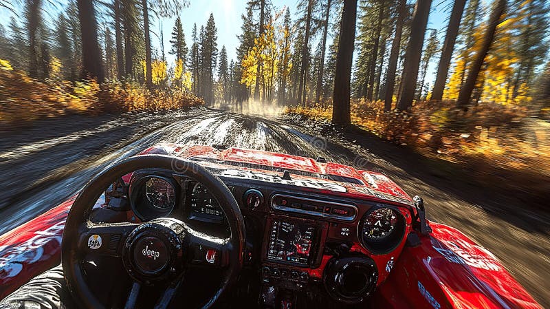 Driving a Red Off-road Vehicle through a Muddy Forest Trail Stock ...