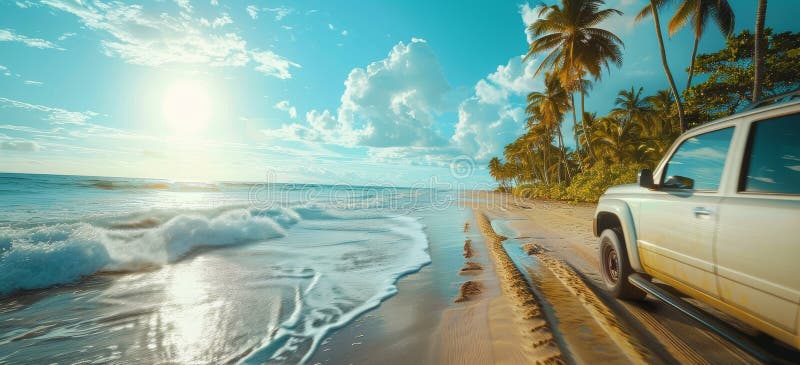 Driving on a Sandy Beach Road at Sunset Stock Photo - Image of scenic ...