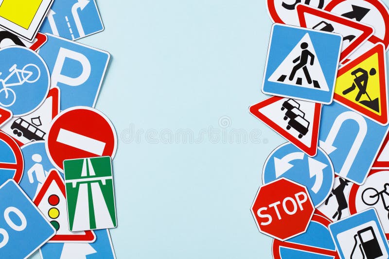 Driving School Banner Design. Frame Border of Road Signs on Blue ...