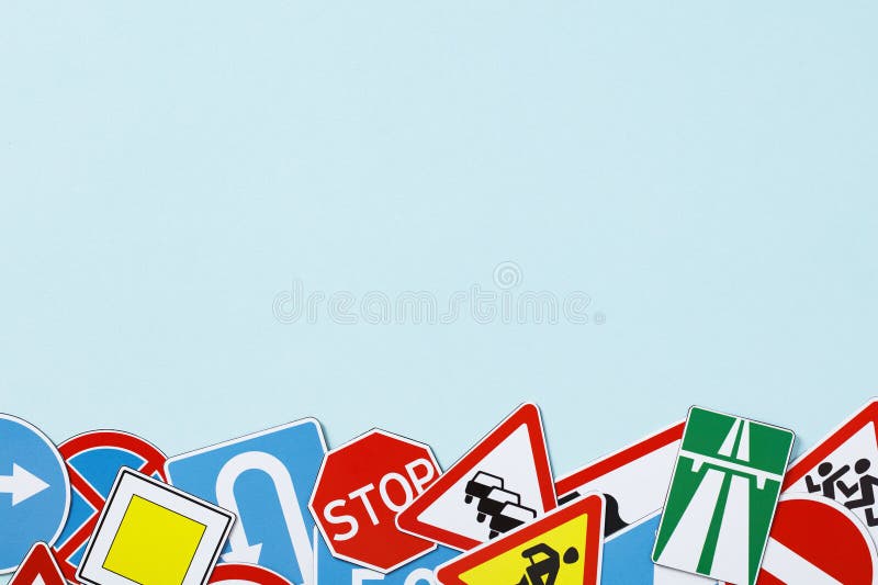 Driving School Banner Template. Many Different Road Signs on Light Blue ...