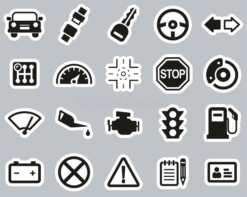 Driving School Icons Black & White Sticker Set Big Stock Vector ...