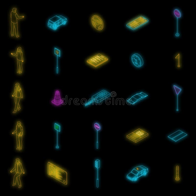 Driving School Icons Set Vector Neon Stock Vector - Illustration of ...