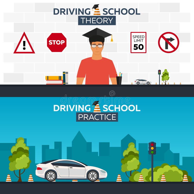 Driving School Banner. Auto Education. the Rules of the Road. Vector ...