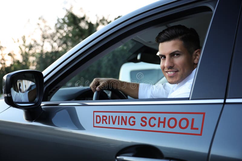 Driving School Instructor in Modern Car, View from Outside Stock Image ...
