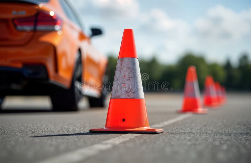 Driving School Practice Area with Orange Traffic Cones. Modern Car at ...