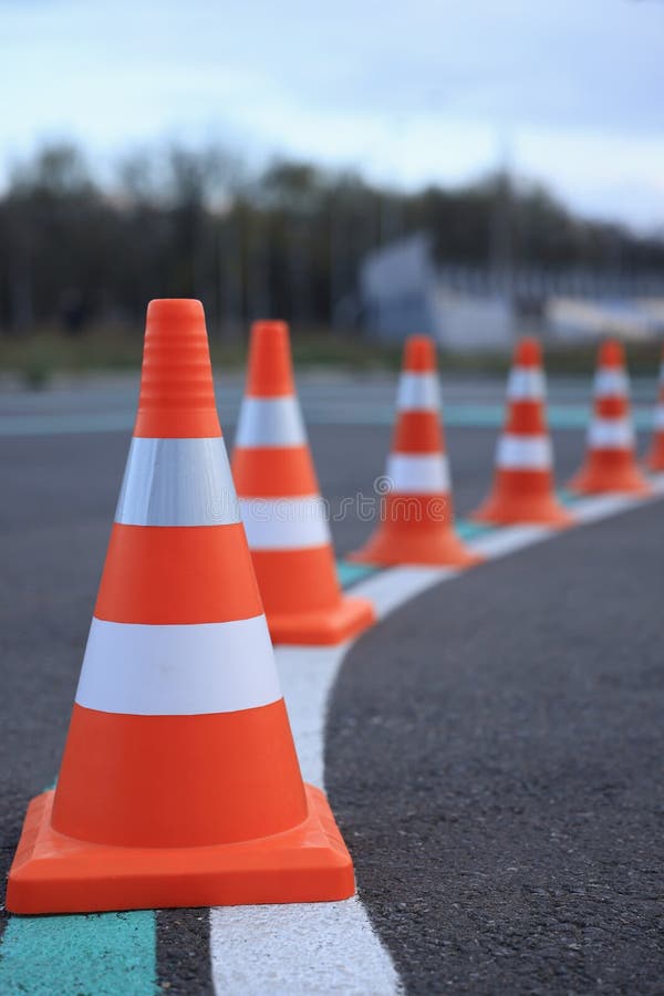 Driving School Test Track with Marking Lines, Focus on Traffic Cone ...