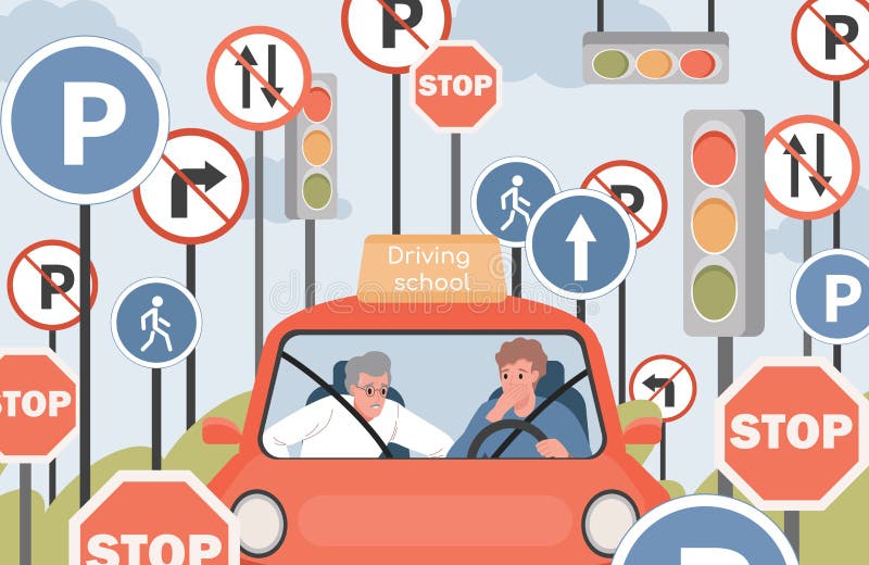 Driving School Vector Flat Illustration. Car Instructor and Student Sit ...