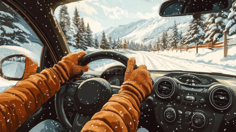 Driving through a Snowy Mountain Pass in a Car Stock Illustration ...