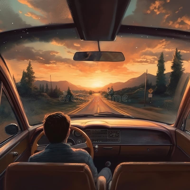 Driving during the sunset stock illustration. Illustration of trees ...