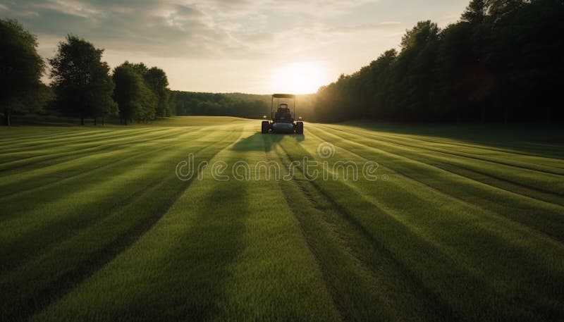 Driving Tractor through Green Meadow at Sunset Generated by AI Stock ...