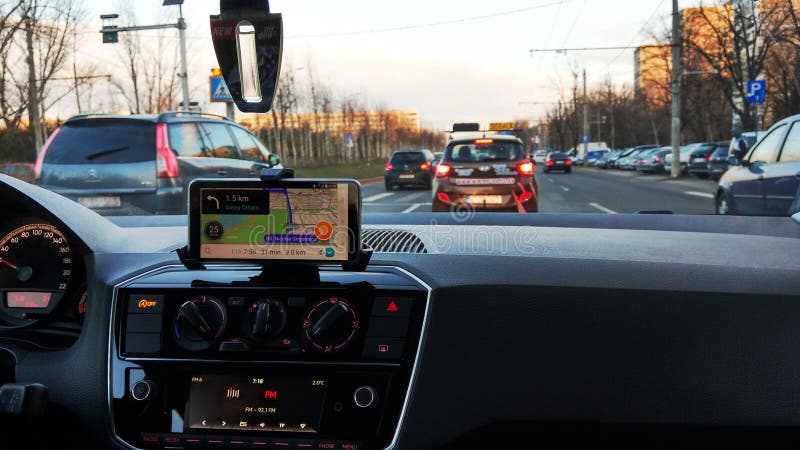 Driving Car in Traffic with Gps Navigation Interior Dashboard Stock ...