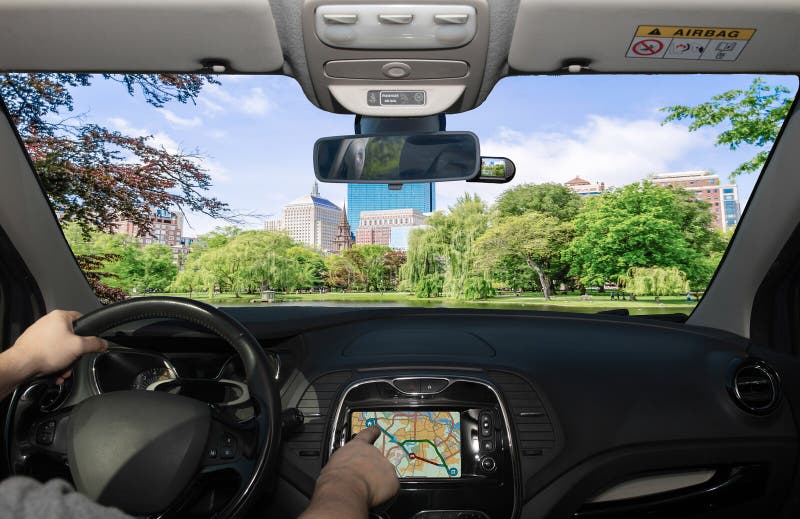 Driving while Using GPS Towards the Boston Public Garden, USA Stock ...