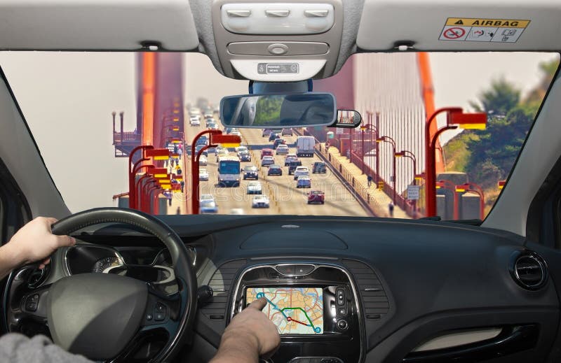 Driving Using Navigation System, Golden Gate Bridge, San Francis Stock ...
