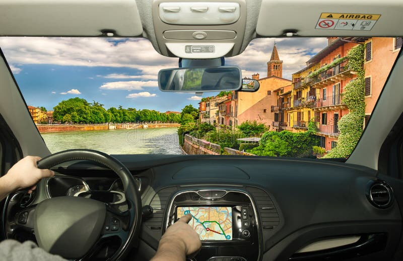 Driving while Using Navigation System in Verona, Italy Stock Photo ...