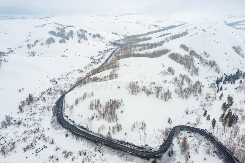 Driving on Winter Roads Trough Forest Winding Road in the Mountains ...