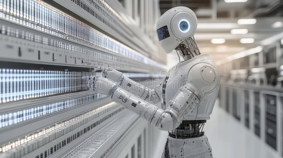 Droid Typing Complex Data on Glowing Digital Console Stock Illustration ...