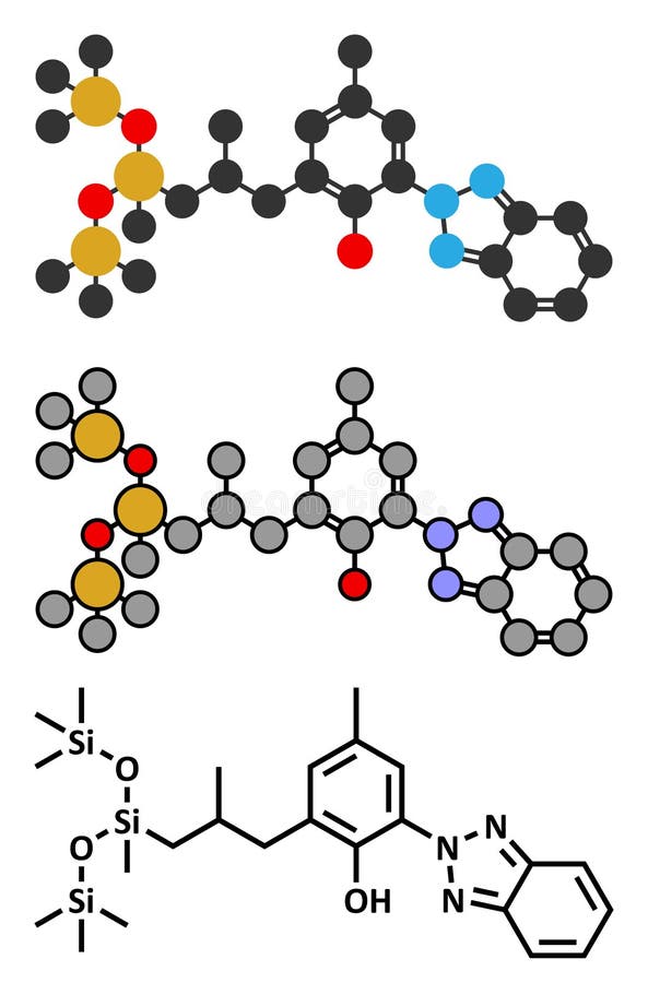 Drometrizole Trisiloxane Sunscreen Molecule (UV Filter). Atoms are ...