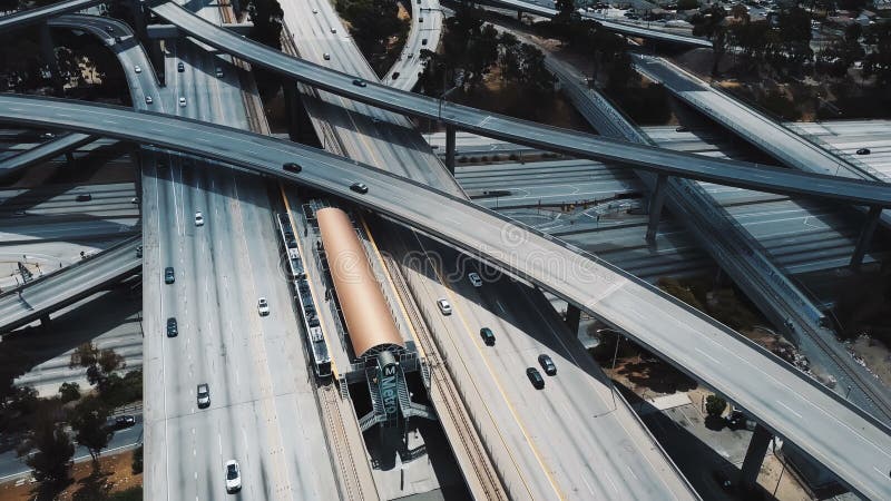 Drone Aerial View of a Large Highway Road Intersection in Los Angeles ...