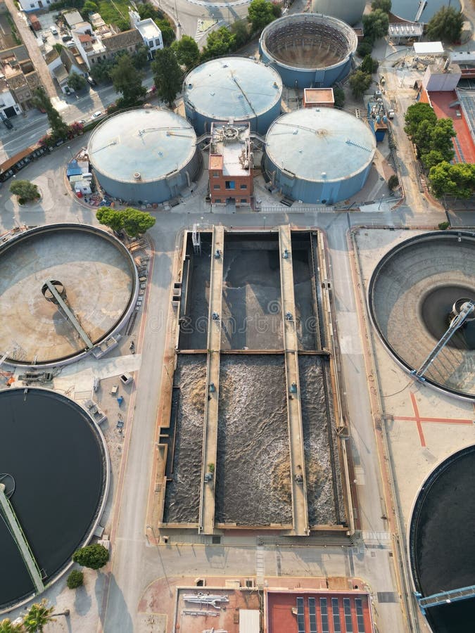 Drone Aerial View of Wastewater Treatment Plant with Circular Tanks ...