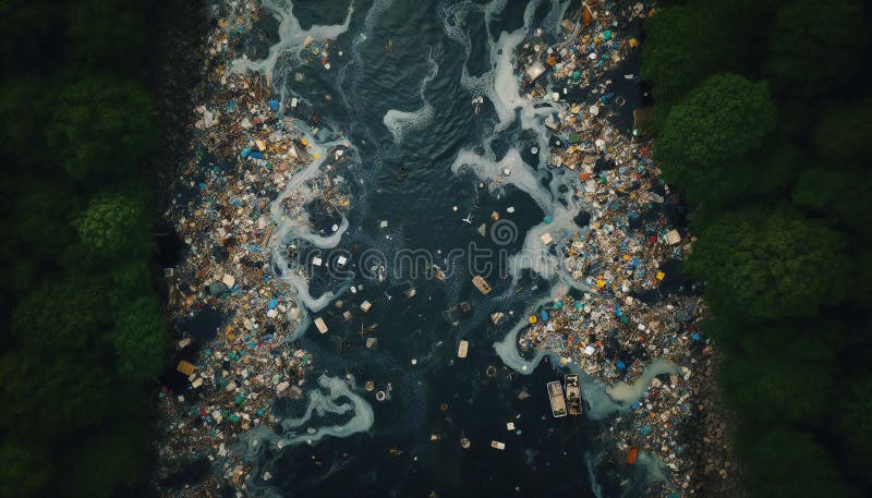 Drone Angle Shot of Polluted River with Floating Waste Stock ...