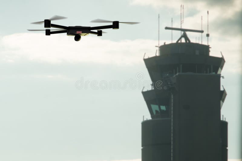 Drone Approaching the Airport Control Tower Stock Photo - Image of ...