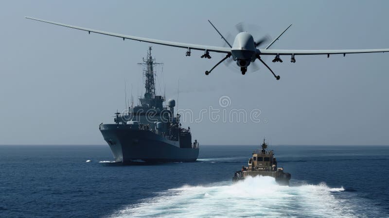 A Drone Attacks a Transport Ship at Sea Stock Illustration ...