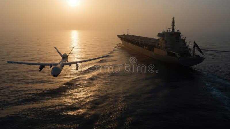 A Drone Attacks a Transport Ship at Sea Stock Illustration ...