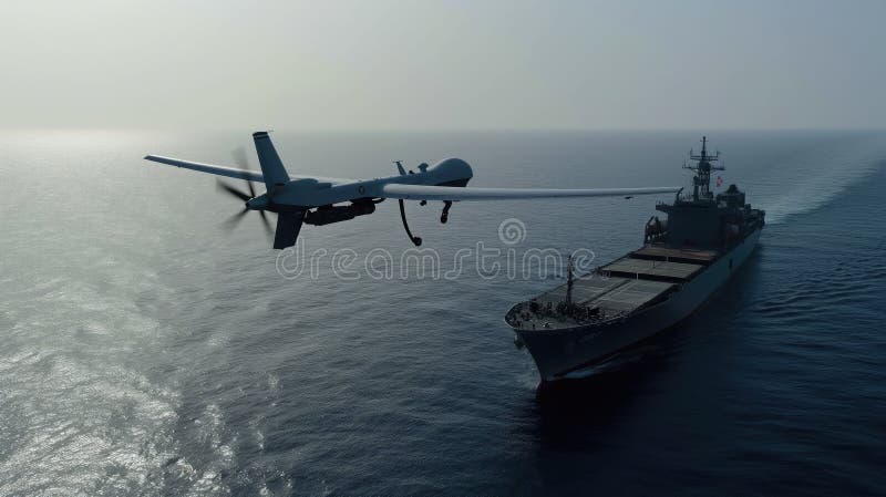 A Drone Attacks a Transport Ship at Sea Stock Illustration ...