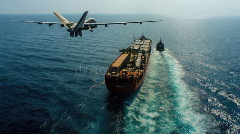 A Drone Attacks a Transport Ship at Sea Stock Illustration ...