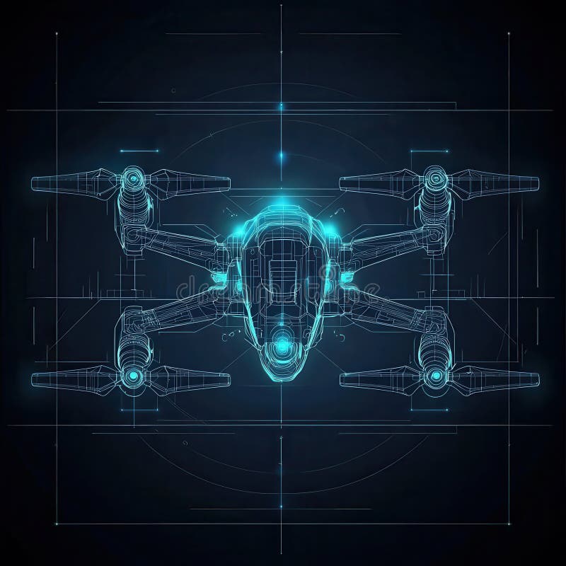 Drone with Blueprints and Technical Drawings on a Workspace Table Stock ...