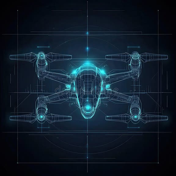 Drone with Blueprints and Technical Drawings on a Workspace Table Stock ...