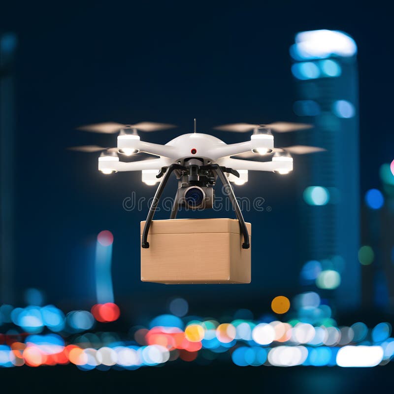 Drone with Camera Against Nighttime Cityscape, Carrying Rectangular Box ...