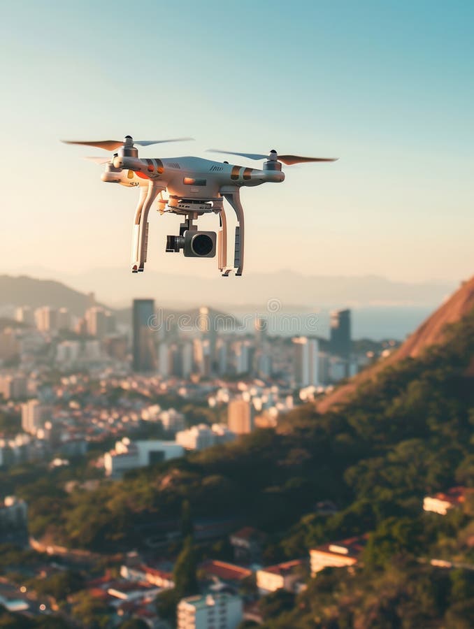A Drone with a Camera Flies Over a Cityscape at Sunset. Generative AI ...