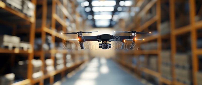 Drone with Camera Flying Over Warehouse at Night with Bokeh Background ...