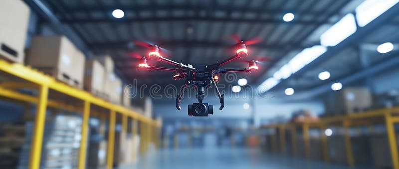 Drone with Camera Flying Over Warehouse at Night with Bokeh Background ...
