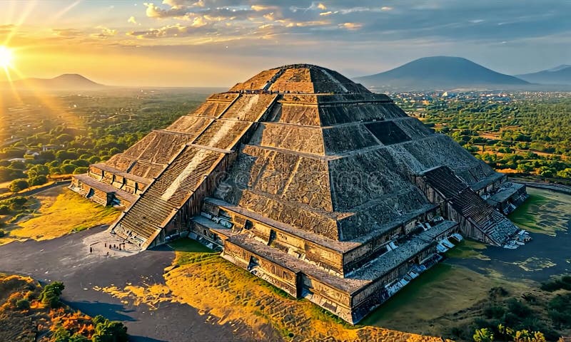 Drone Camera View of Beautiful Mayan Pyramid Complex at Sunset with ...