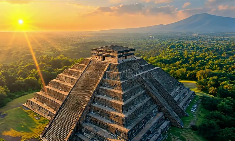 Drone Camera View of Beautiful Mayan Pyramid Complex at Sunset with ...