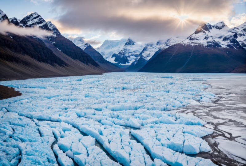 Drone Capture of Sunlight Reflecting Off a Glacier Surrounded by Rugged ...