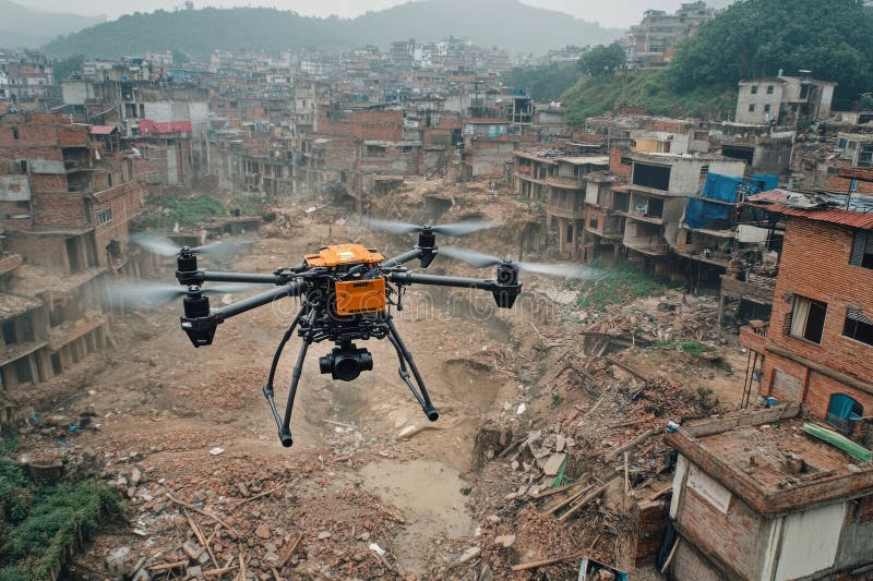 Drone Capturing Aerial View of Earthquake Devastation in City Stock ...