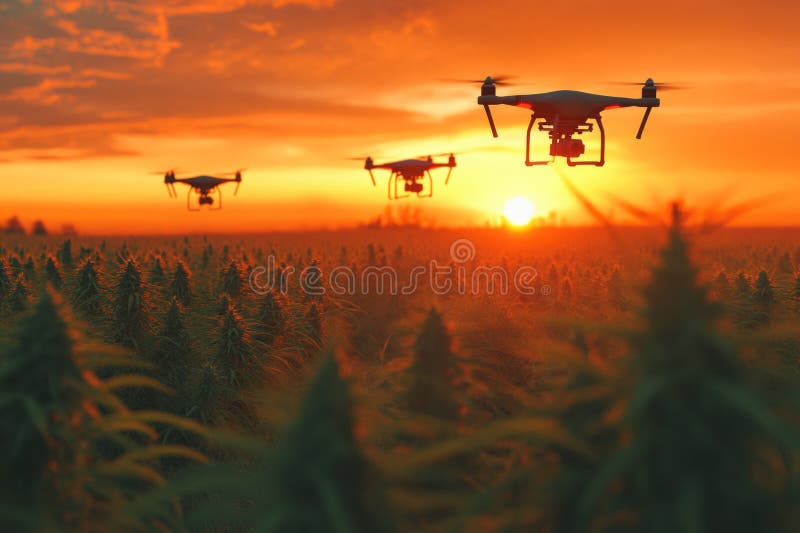 Drone Capturing Aerial View of Hemp Plants during Golden Hour Stock ...