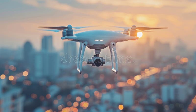 A Drone is Capturing the Beautiful Sunset Scenery Over a City, Flying ...