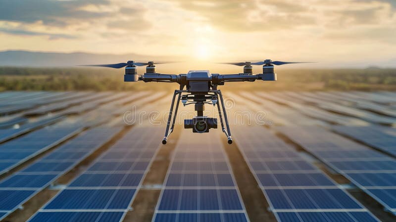 Drone Capturing Data Over Solar Panel Array at Sunset Stock ...