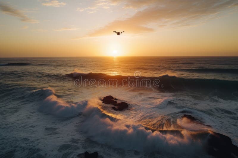 Drone Capturing Sunset Over the Ocean, with Waves Rolling Onshore Stock ...