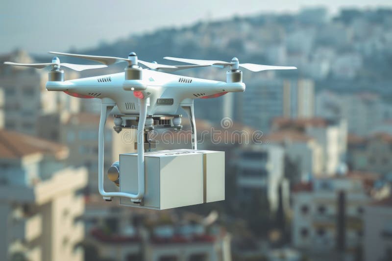 Drone with Cardboard Box in the Sky. Shipping Concept, Wireless Remote ...