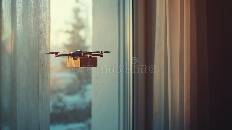 Drone Carefully Delivering a Small Package through a Window Stock Photo ...