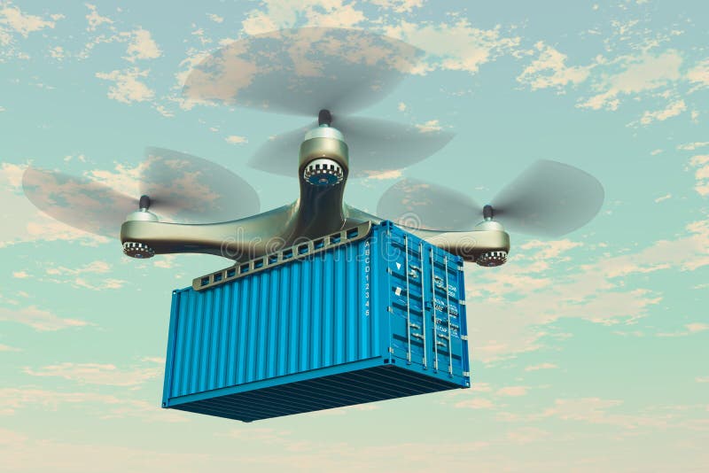 Drone with Cargo Container in the Blue Sky, 3D Rendering Stock ...
