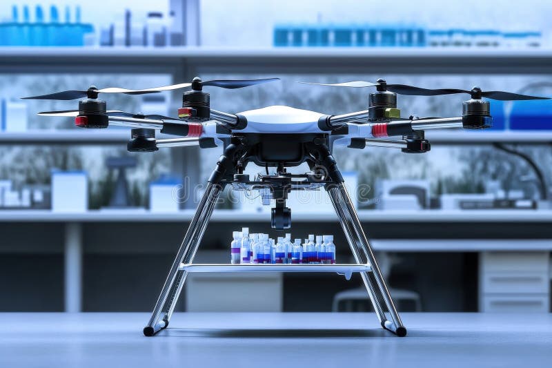 Drone Equipped with Laboratory Samples on a Workbench in a Modern ...
