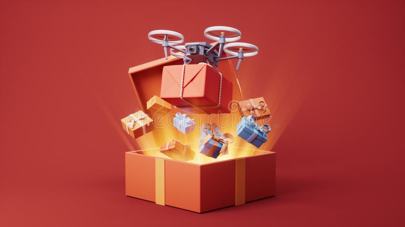 Drone Carrying the Gift Box with Celebrating Concept, 3d Rendering ...